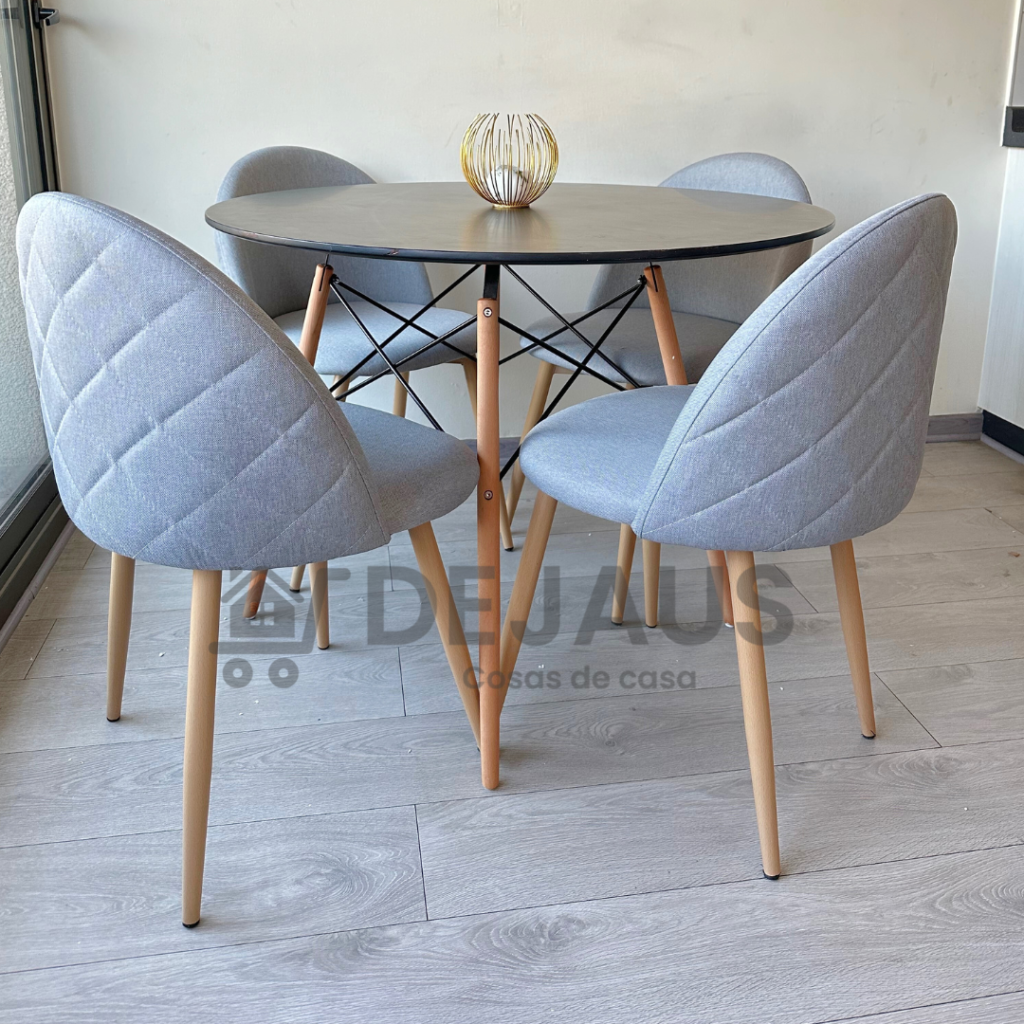 Mesa Eames MDF Negro con 4 Sillas Tokio Lino Wood - Dejaus