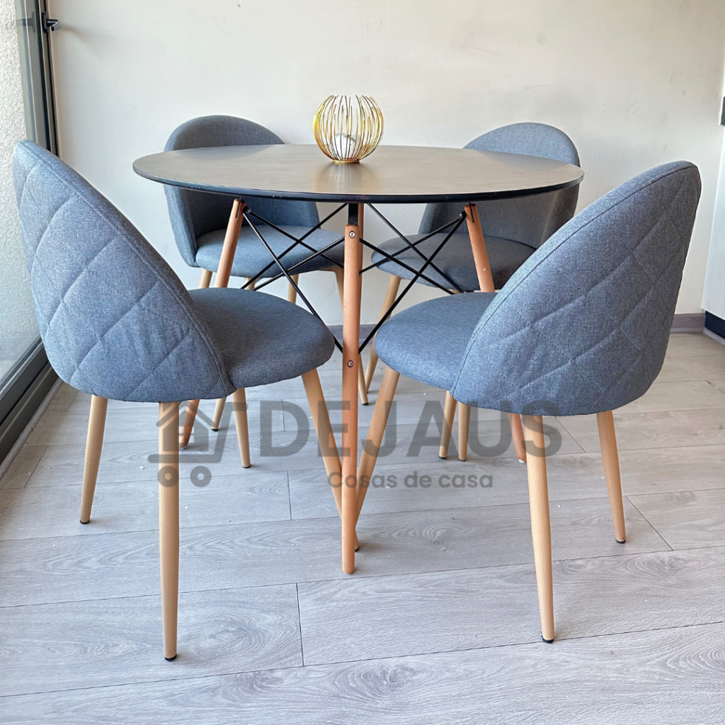 Mesa Eames MDF Negro con 4 Sillas Tokio Lino Wood - Dejaus